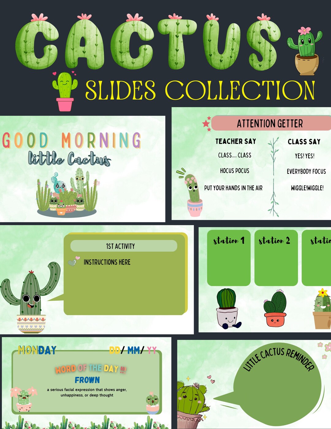 15 Slides GREEN CACTUS EDITABLE Classroom Slides Template | Teacher ...
