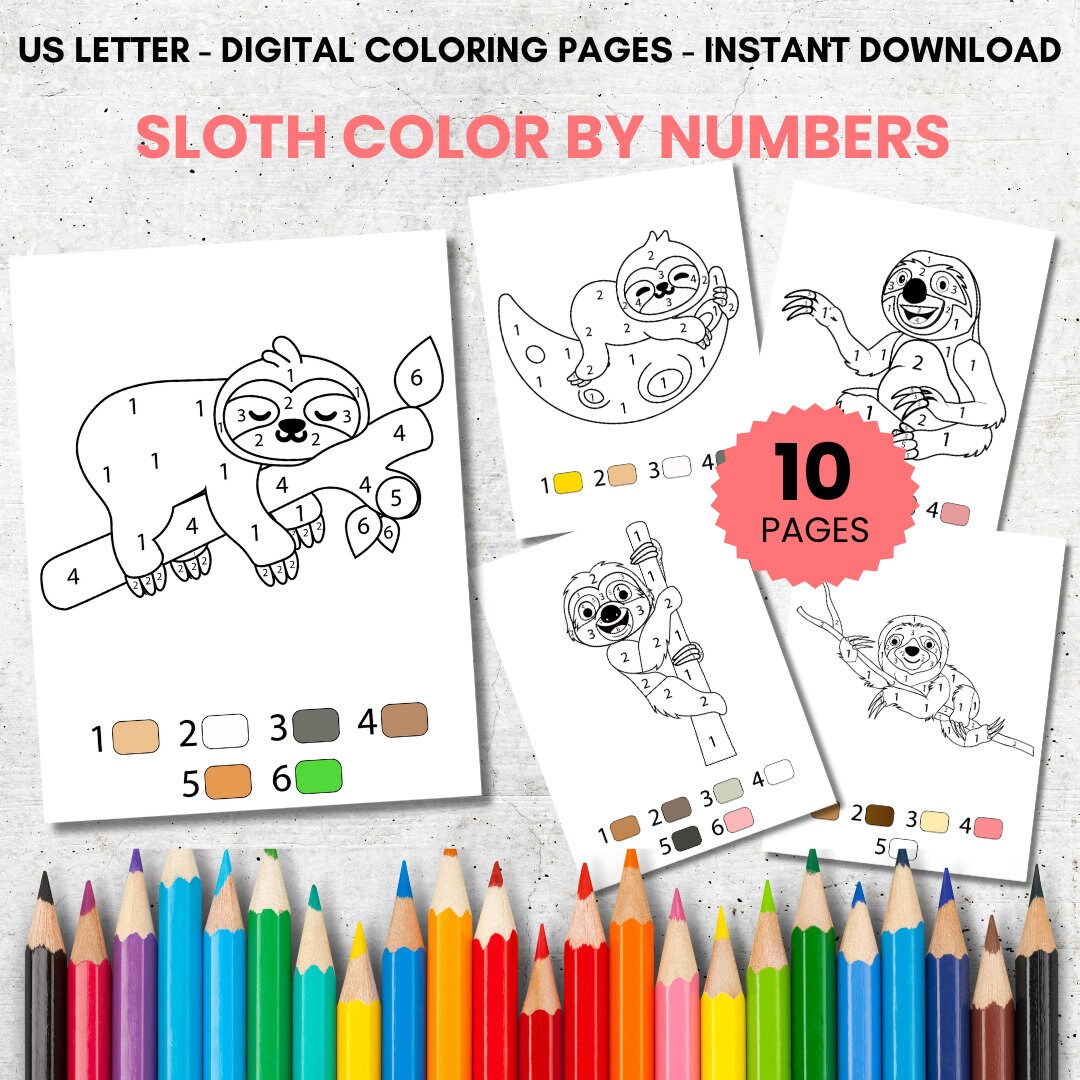 Sloth Color by Numbers, Sloth Coloring Pages for Kids, Sloth Coloring ...