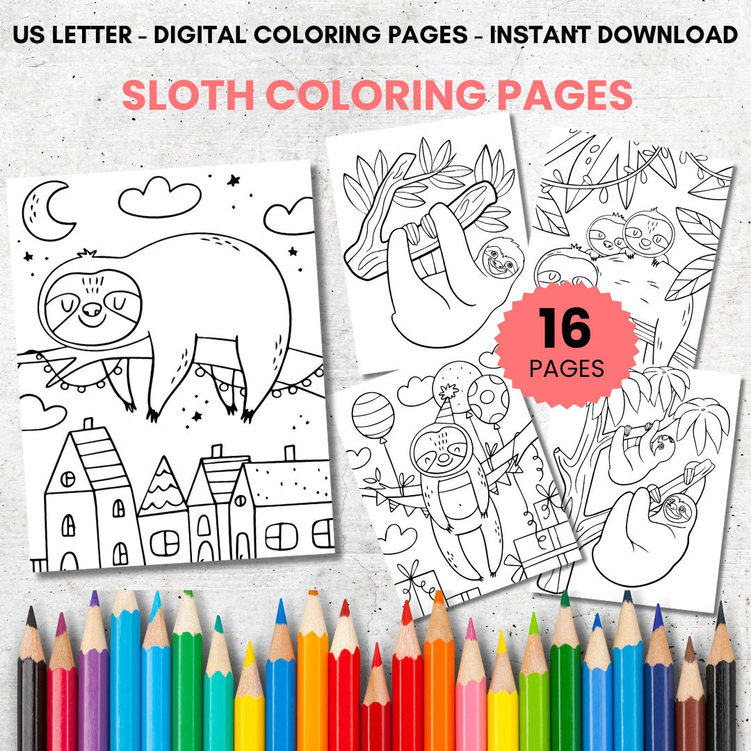 Sloth Coloring Pages for Kids, 16 Adorable Animal Designs (PDF Pattern ...