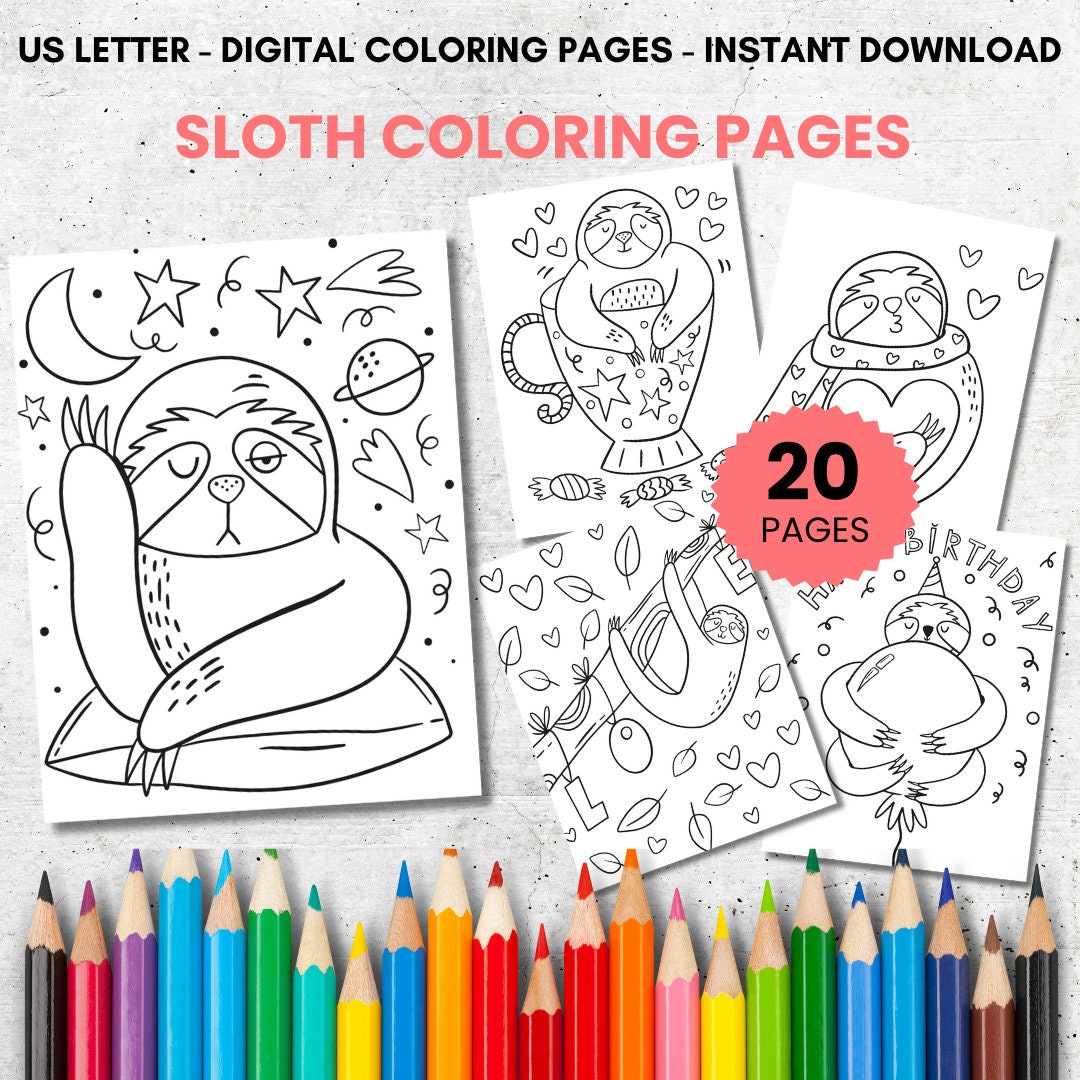 Cute Sloth Coloring Pages for Kids, 20 Printable Coloring Pages, Animal ...