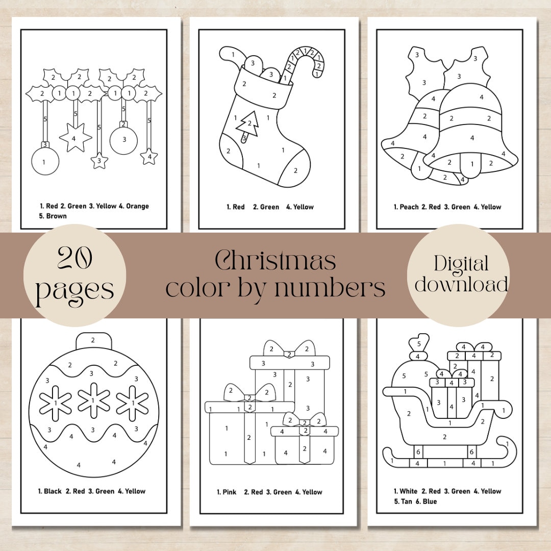 20 Christmas Color by Numbers Pages, Kids Activity Pages, Christmas ...