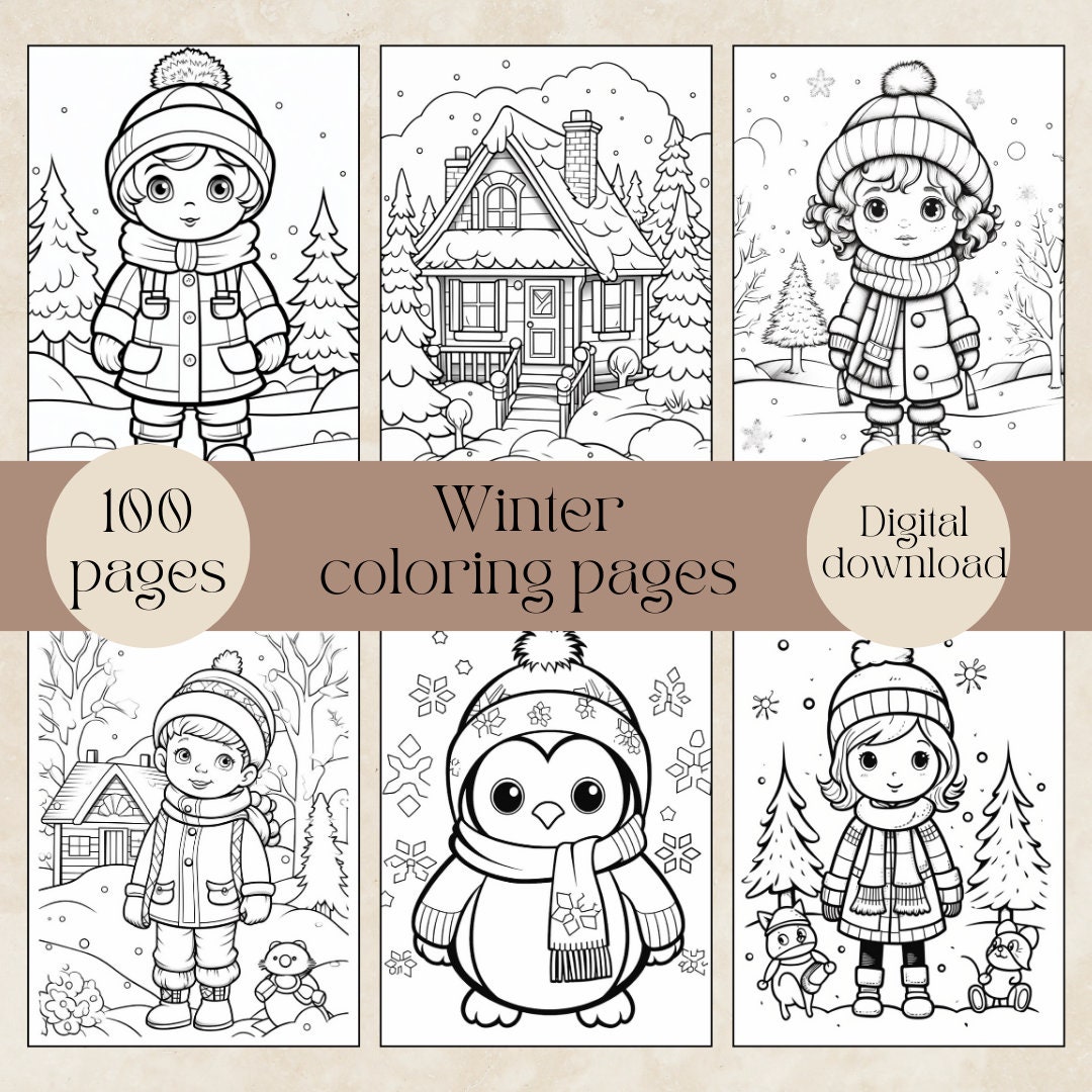 Winter Coloring Book for Kids, 100 Printable Pages (PDF) - Etsy