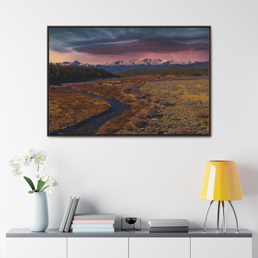 Red Lightning Storm Over Snowy Mountains River and Valley Photograph ...