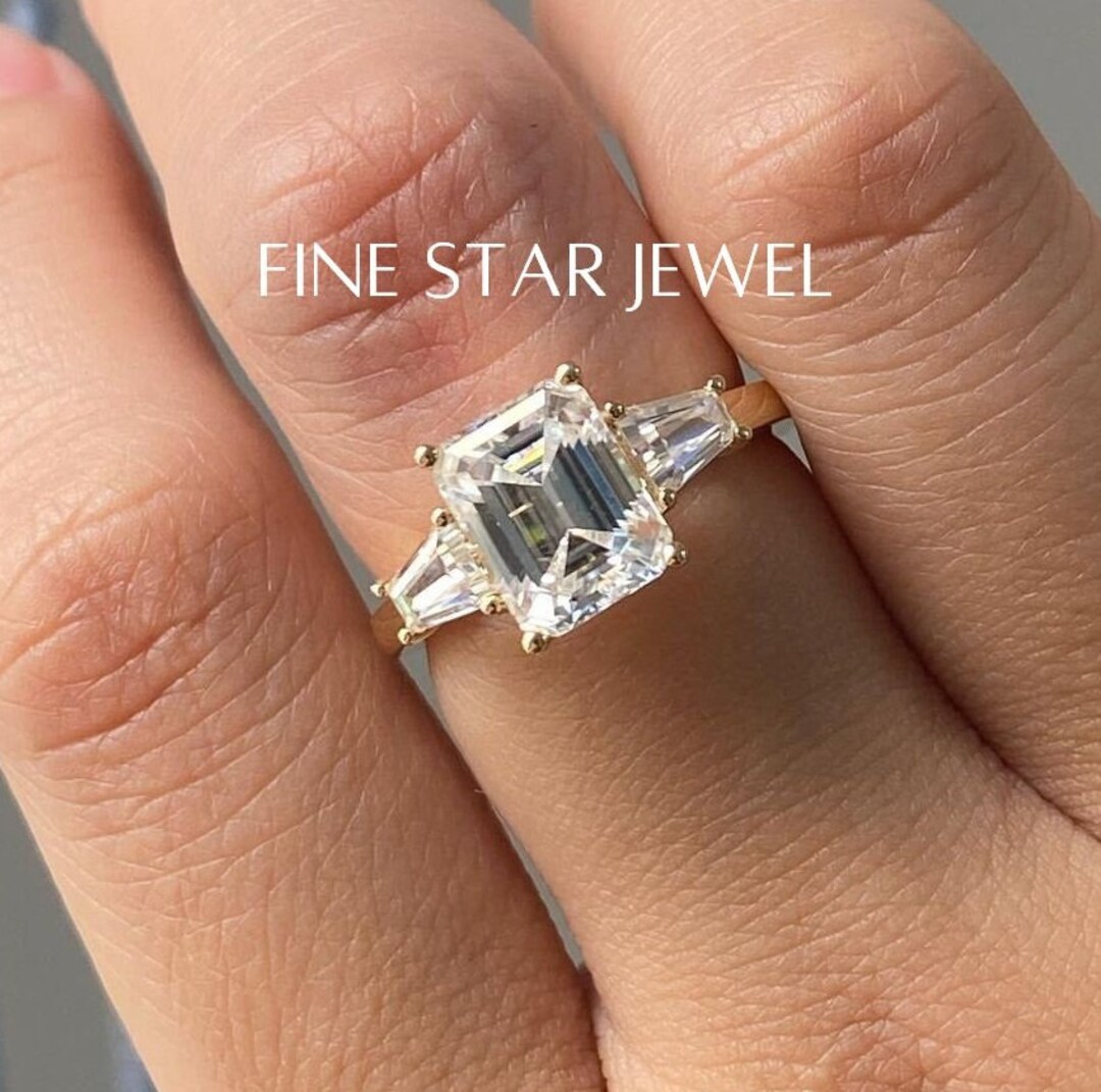Emerald Cut Moissanite 9x7 MM 2.75 Ct.trilogy Classic Stepped Baguette Sides Engagement Ring ...