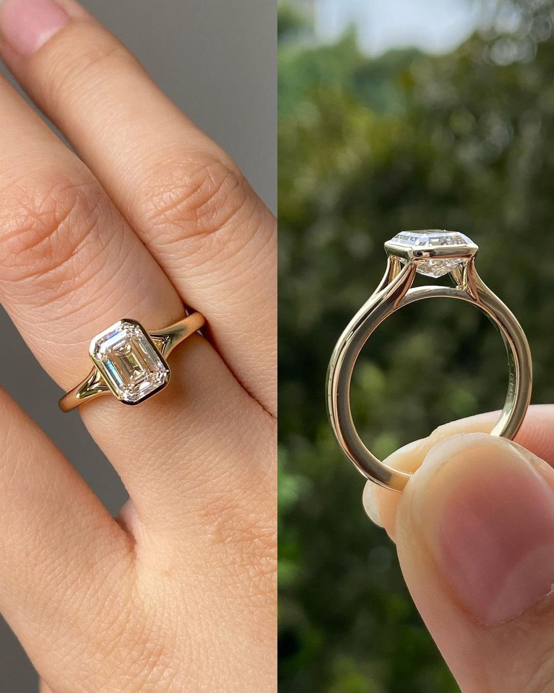 Emerald Cut Colorless Moissanite Bezel Setting Engagement Ring.10x8mm 3 ...