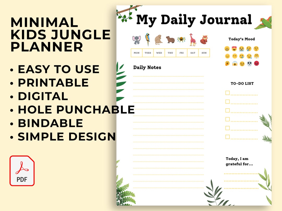 Children Kids Daily Journal, Instant Download, Digital Print, Jungle ...