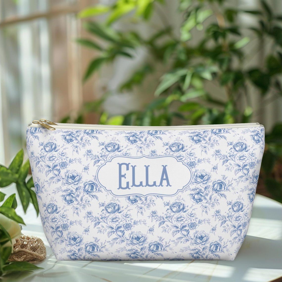 Custom Toile Cosmetic Bag Coastal Granddaughter Pouch Personalized ...