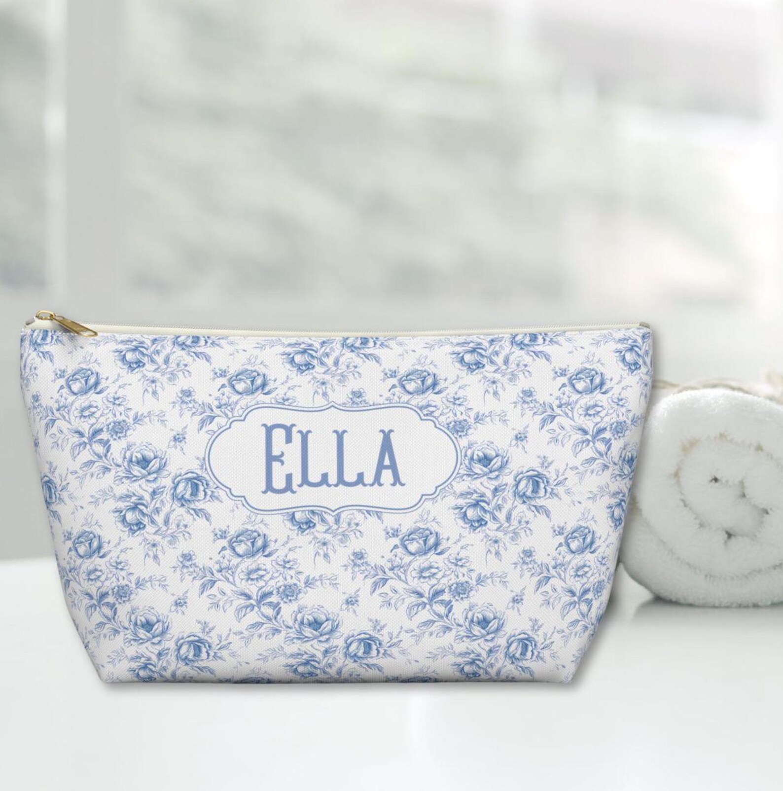 Custom Toile Cosmetic Bag Coastal Granddaughter Pouch Personalized ...