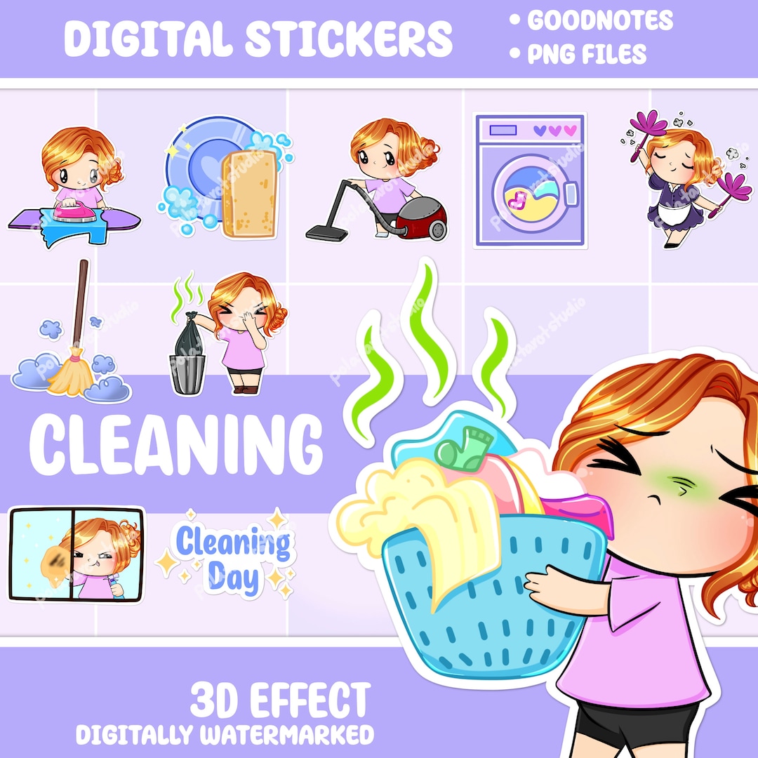 Chibi Girl Cleaning Goodnotes Stickers tamara Vanilla Skin Ginger Hair ...