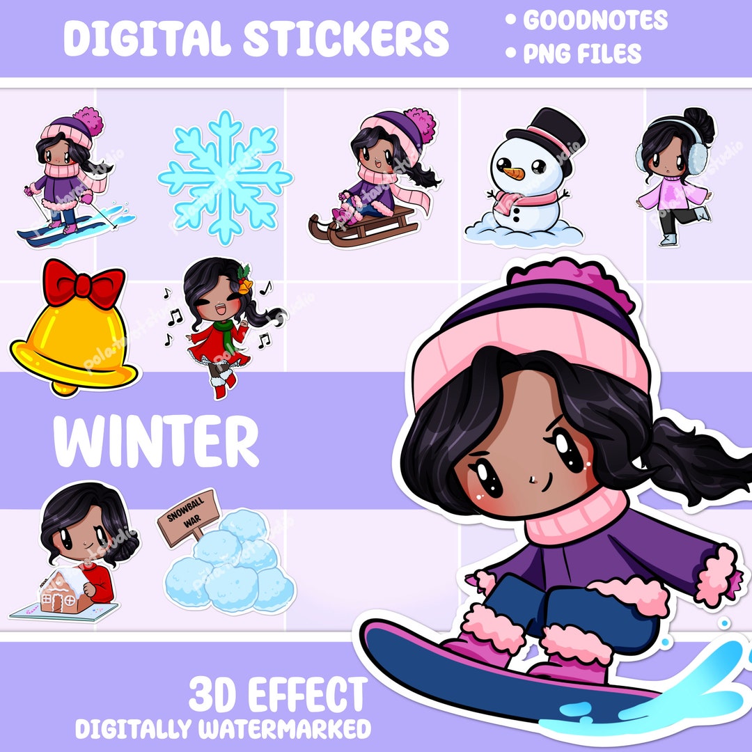 Cute Stickers for Winter Planner Olivia Medium Skin Black Hair Kawaii ...