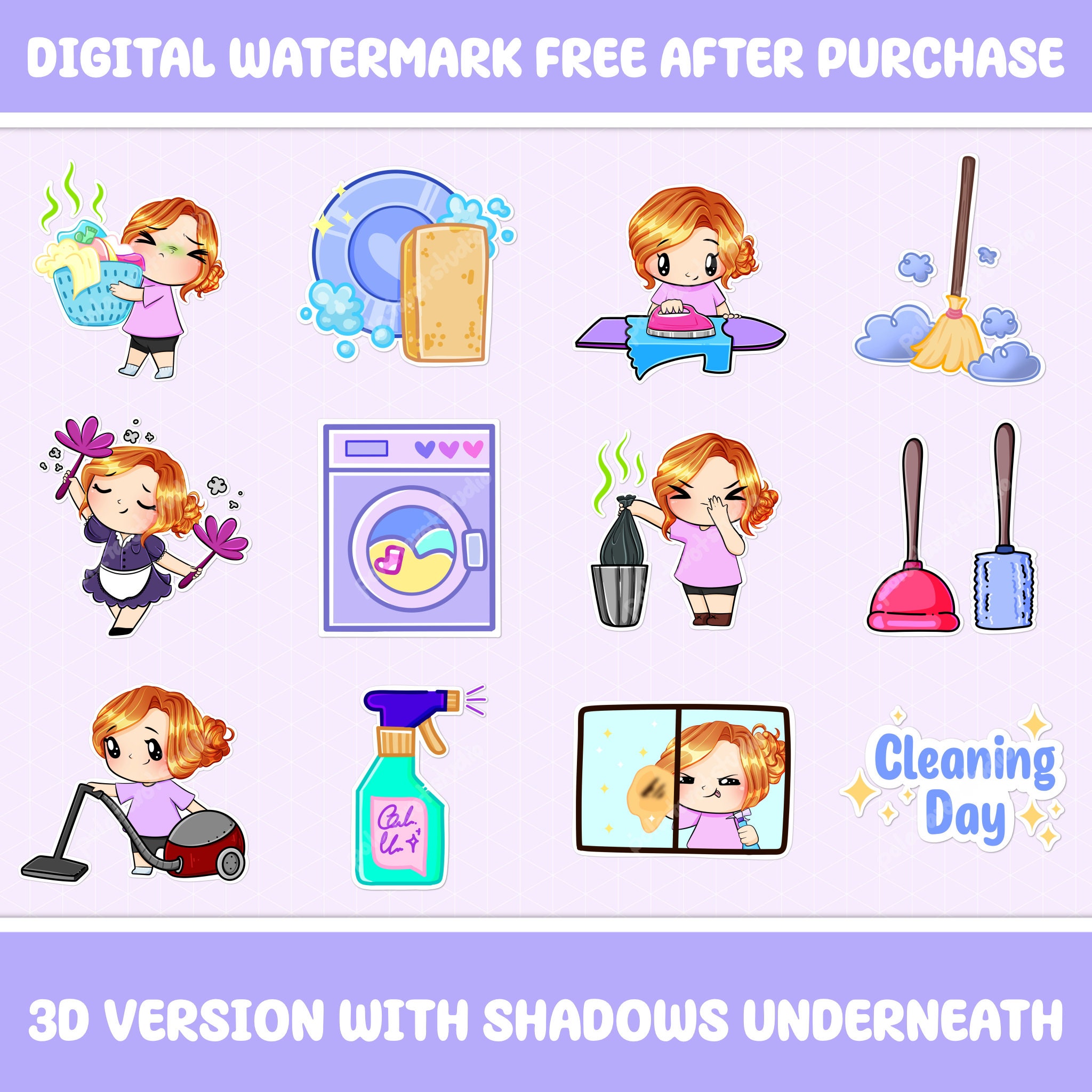 Chibi Girl Cleaning Goodnotes Stickers tamara Vanilla Skin Ginger Hair ...