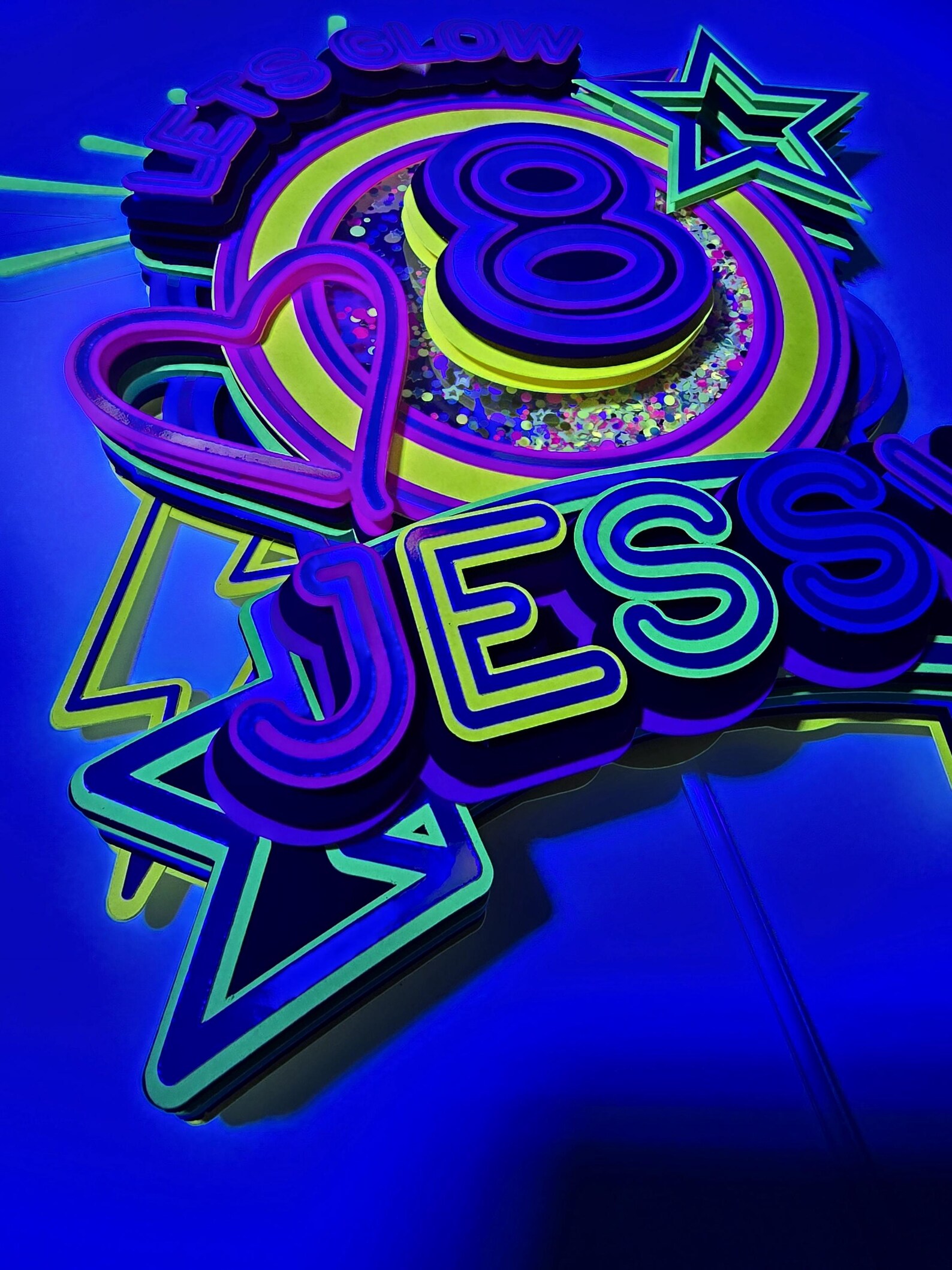 Neon Glow Birthday Cake Topper - Custom 3D Shaker, Blacklight Party ...