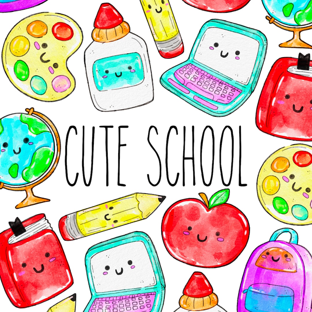 Commercial Use Watercolor Cute School Clipart Set 300 DPI Transparent ...