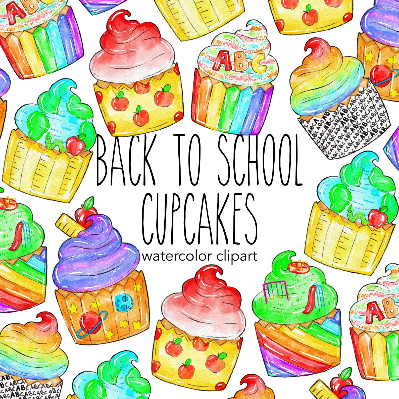 Back to School Cupcakes Watercolor Clipart Set 300 DPI Transparent ...