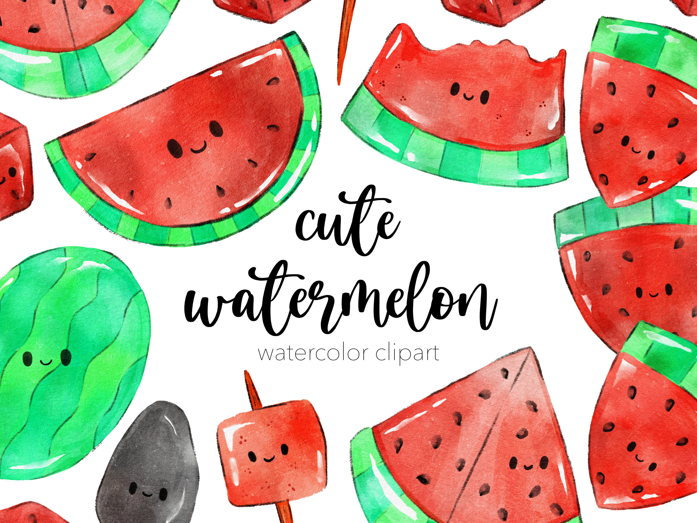 Cute Watermelon Watercolor Clipart Set 300 DPI Transparent Background ...