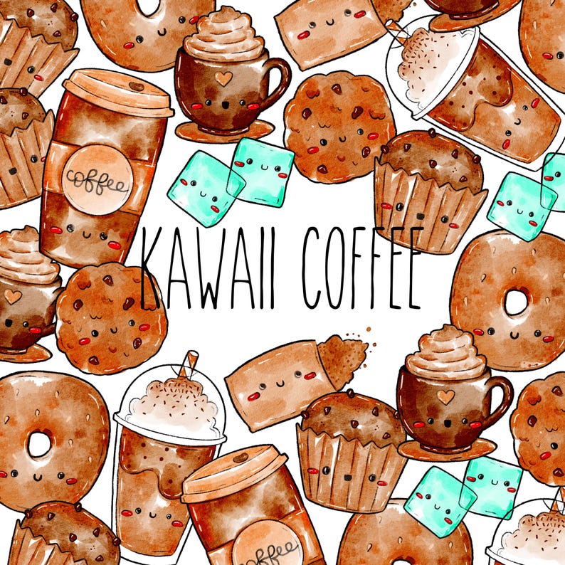 Commercial Use Kawaii Coffee Clipart Set 300 DPI Transparent Background ...
