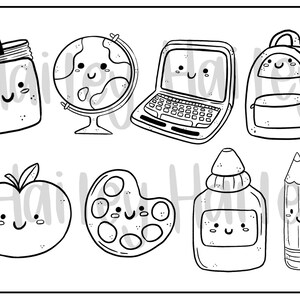Commercial Use Kawaii School Outlines Clipart Set 300 DPI Transparent ...