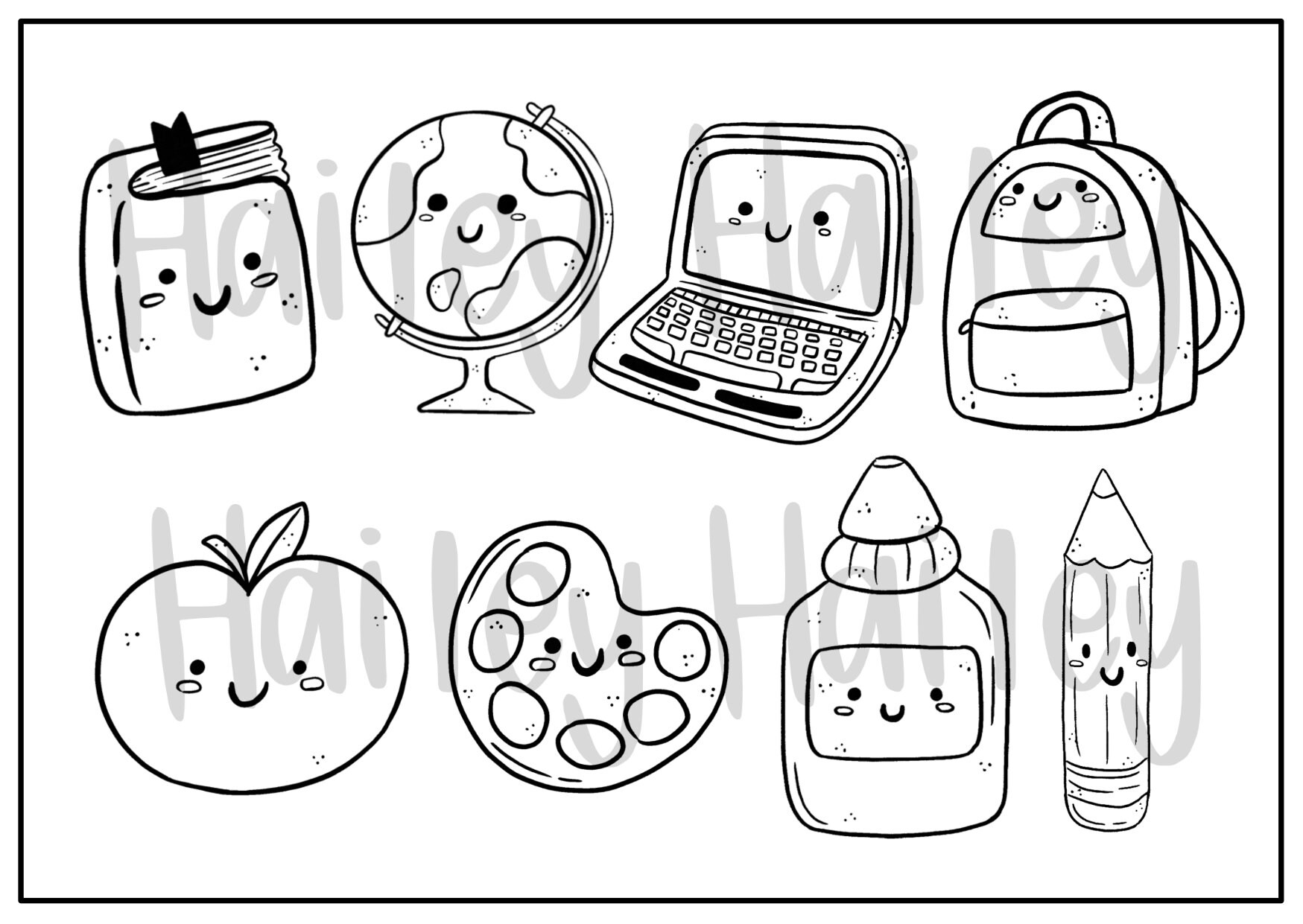Commercial Use Kawaii School Outlines Clipart Set 300 DPI Transparent ...