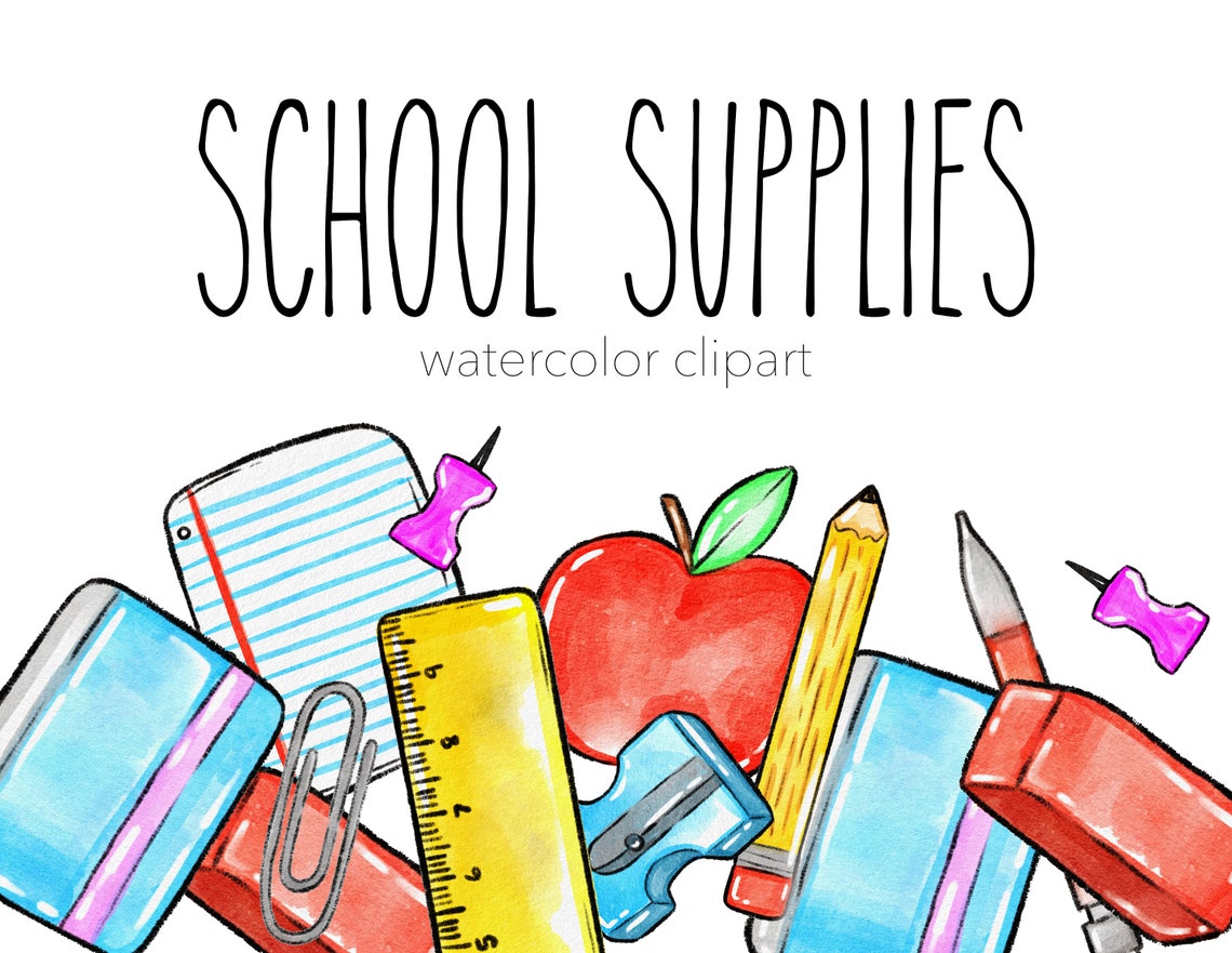 School Supplies Watercolor Clipart Set 300 DPI Transparent Background ...