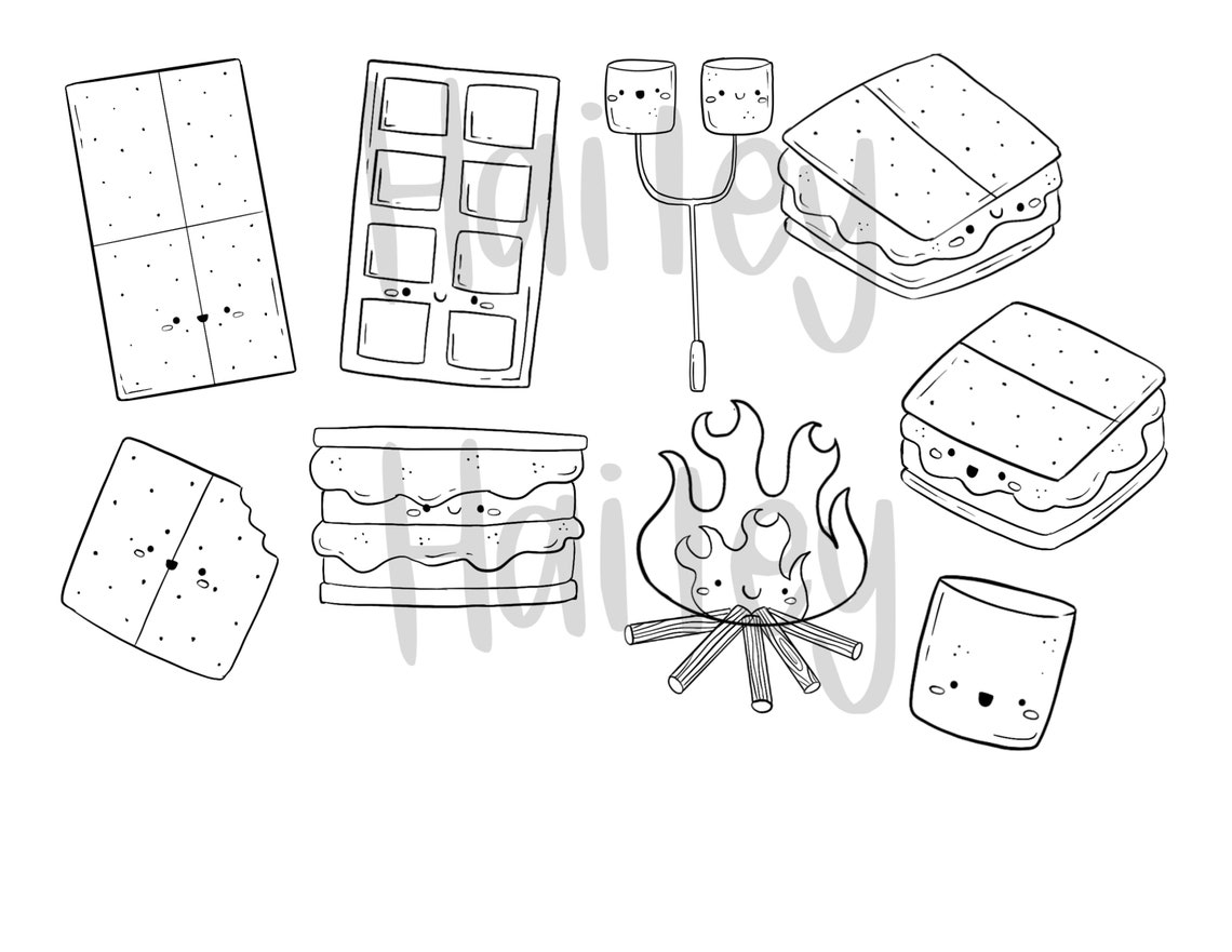 Commercial Use Kawaii S’mores Outlines Clipart Set 300 DPI Transparent ...