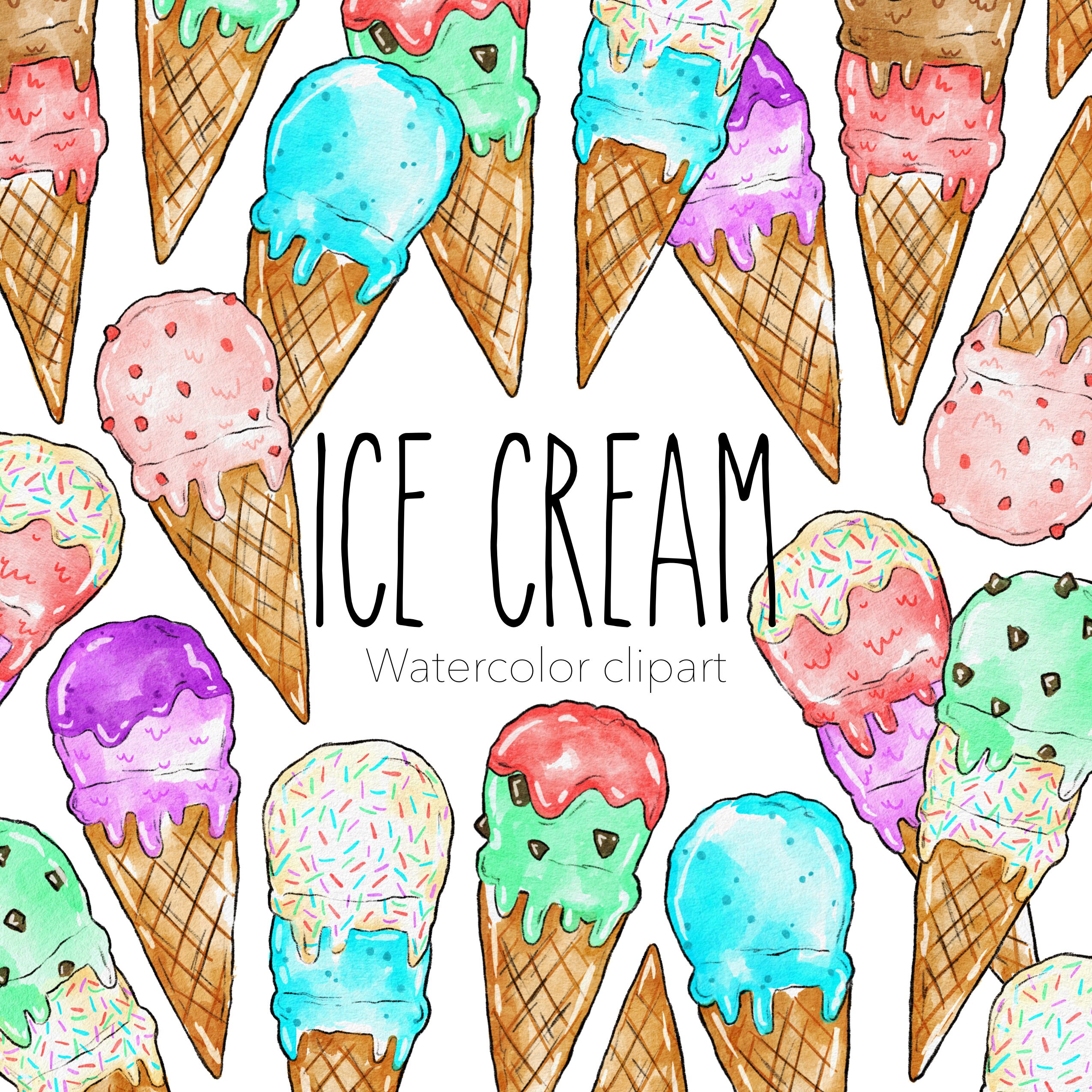 Ice Cream Watercolor Clipart Set 300 DPI Transparent Background ...