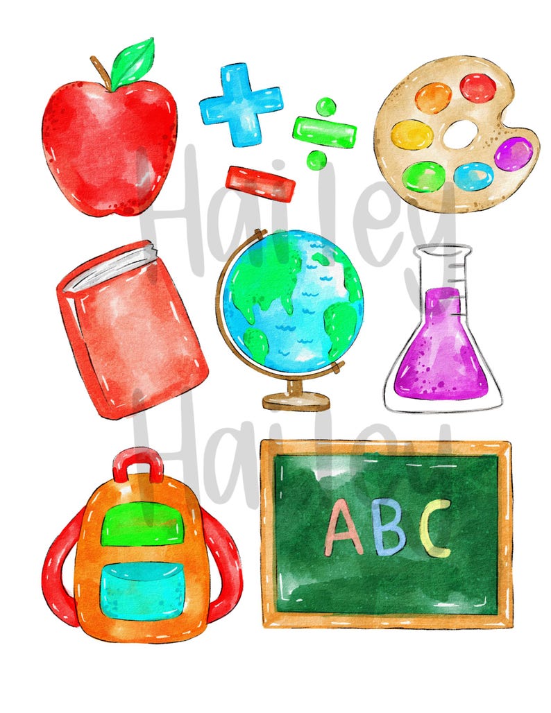 School Subjects Watercolor Clipart Set 300 DPI Transparent Background ...