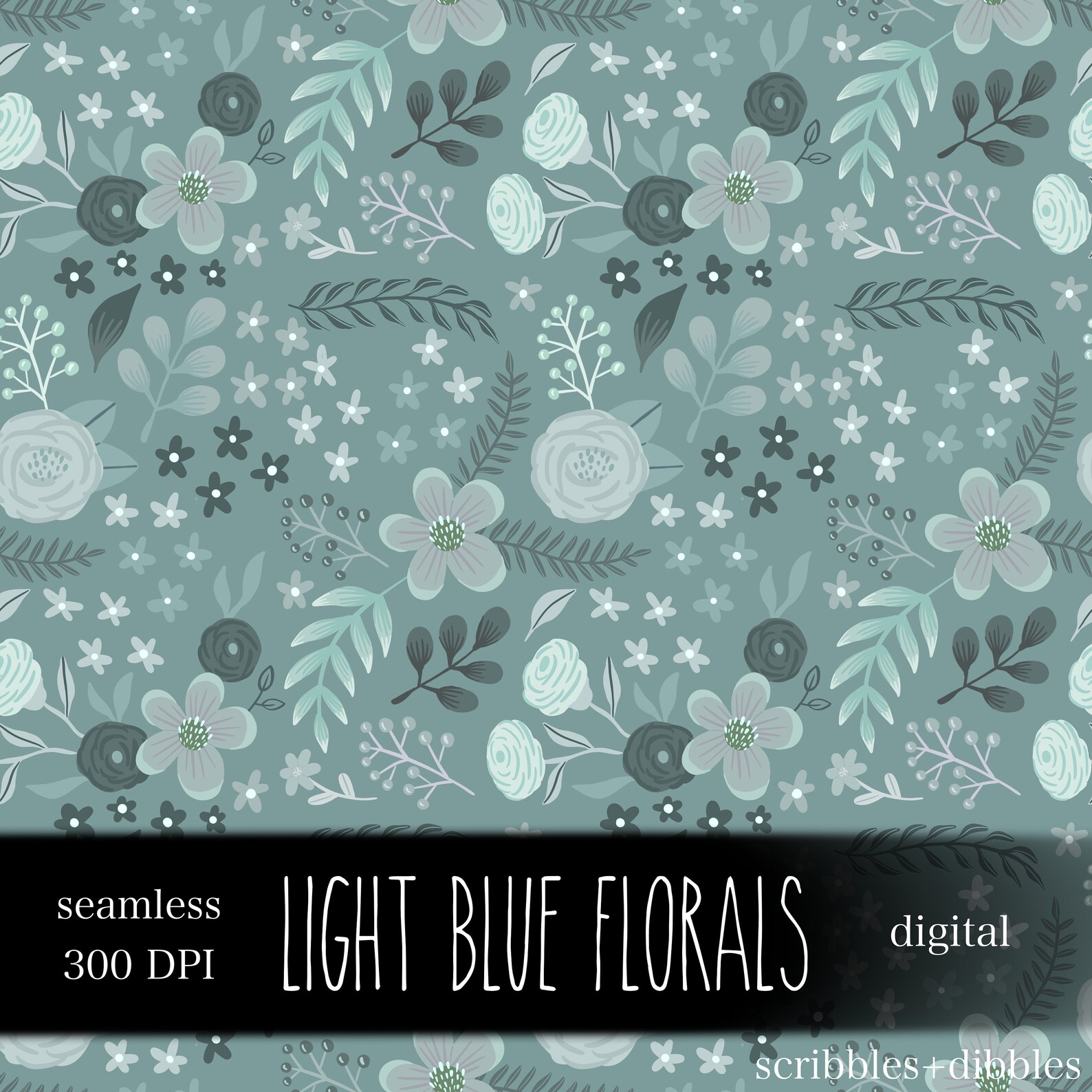 Digital Seamless Light Blue Florals Paper / Handdrawn / Cute Floral ...