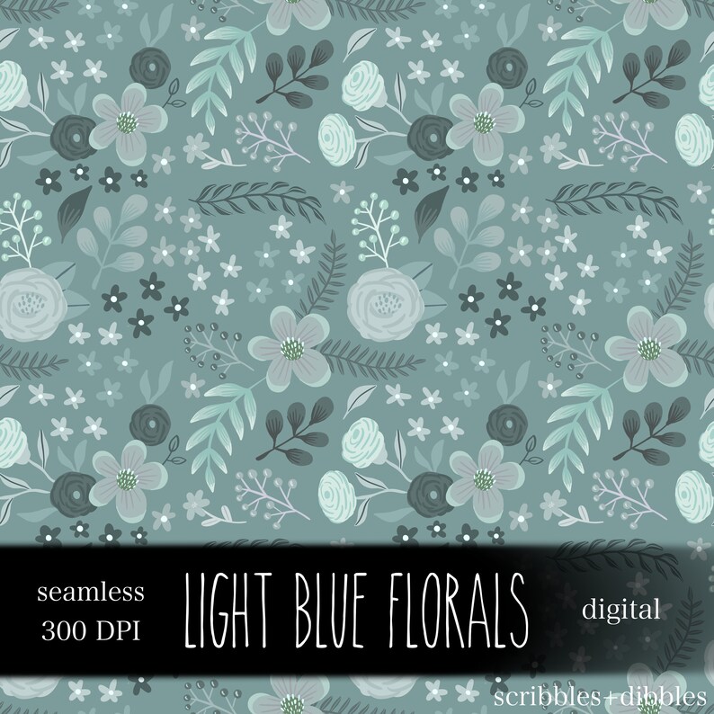 Digital Seamless Light Blue Florals Paper / Handdrawn / Cute Floral ...