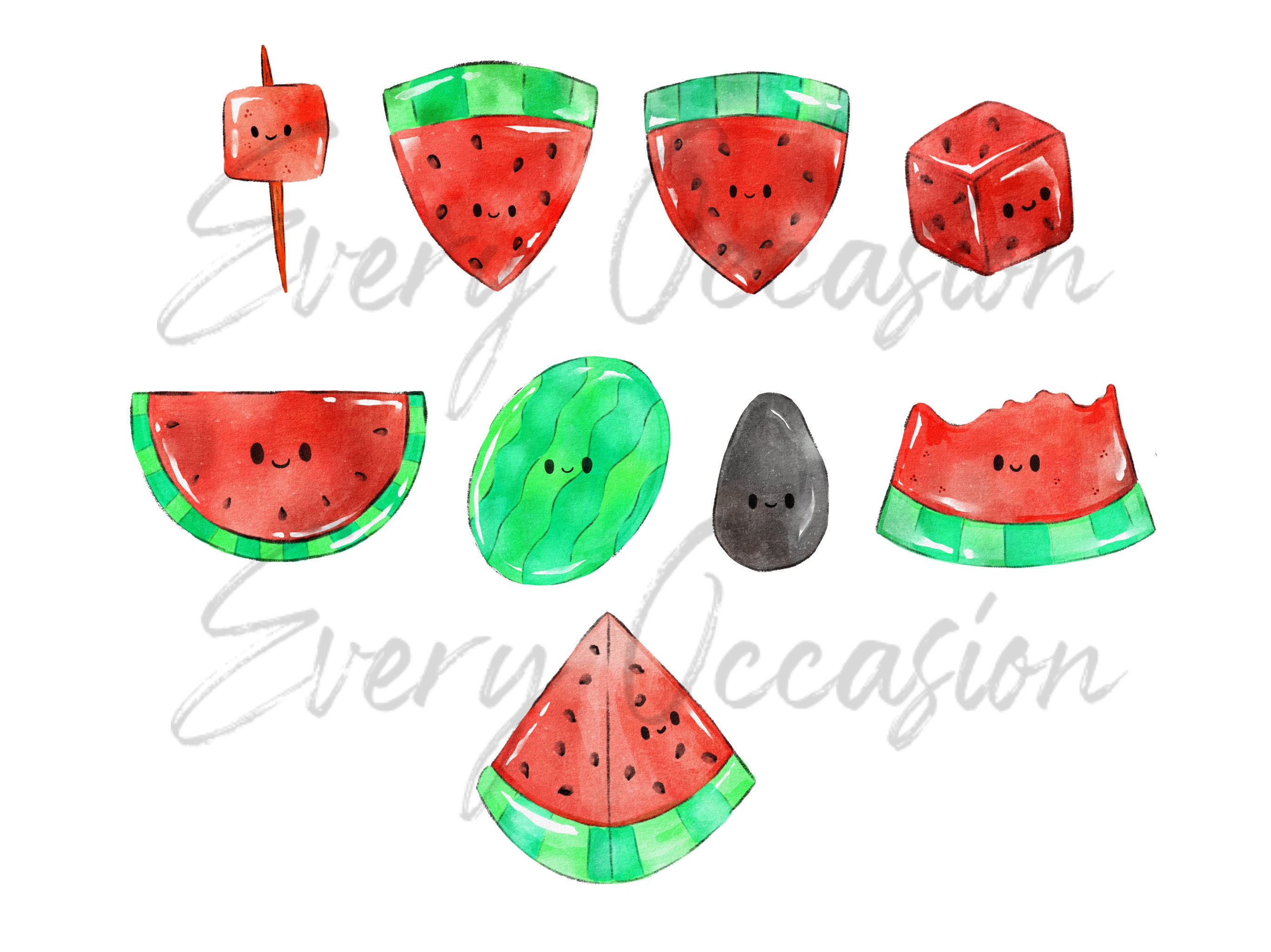 Cute Watermelon Watercolor Clipart Set 300 DPI Transparent Background ...