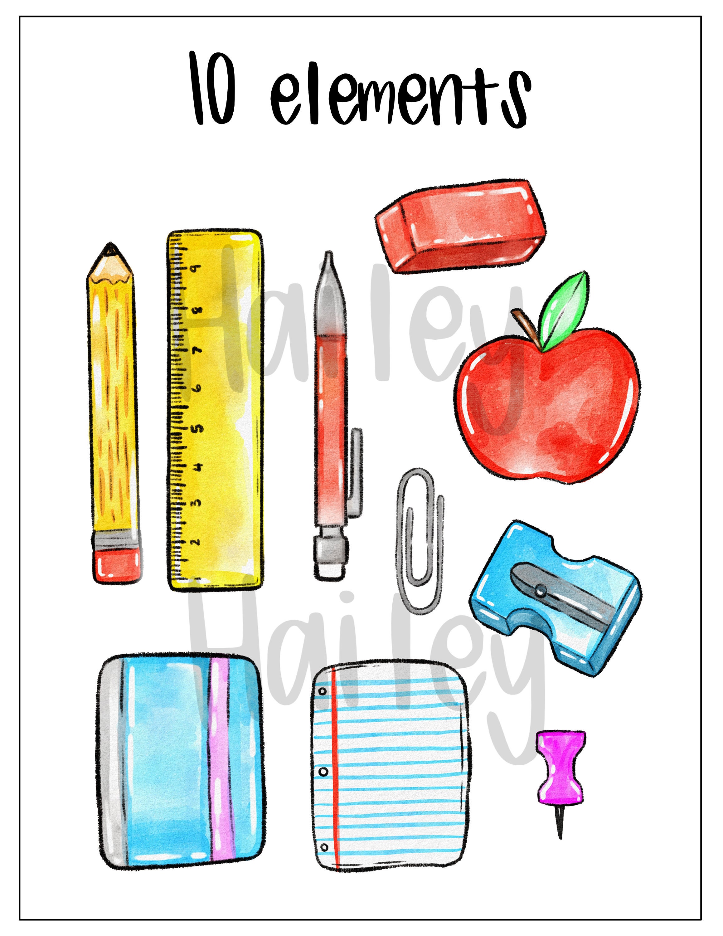 School Supplies Watercolor Clipart Set 300 DPI Transparent Background ...