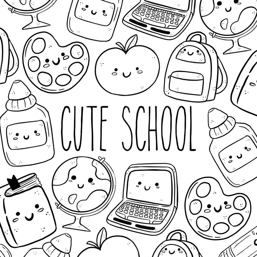Commercial Use Kawaii School Outlines Clipart Set 300 DPI Transparent ...