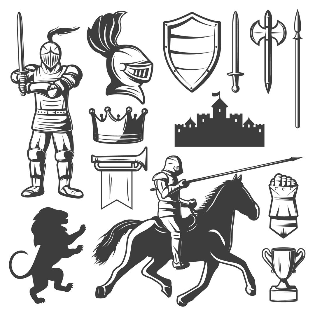 Vintage Knight Elements Bundle, Medieval Life, Knights Monochrome ...