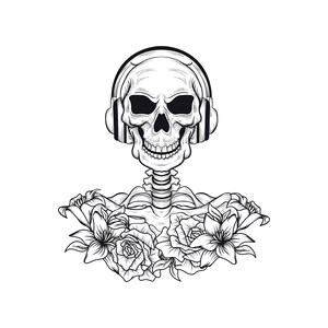 Happy Skeleton Listening to Music With Headphones in the Rose Garden ...
