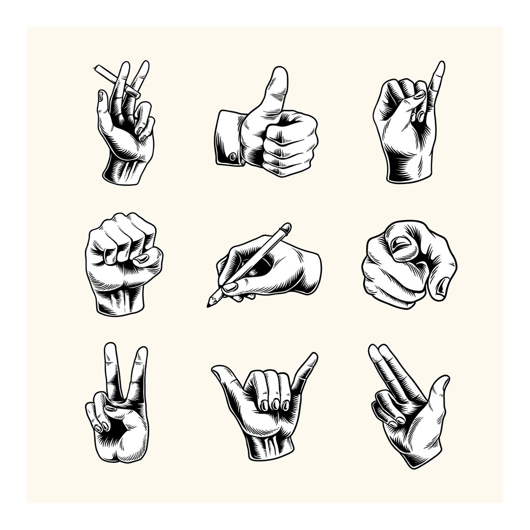 Hand Gestures Bundle, 9 Different Hand Signs, Editable Layered Cut ...