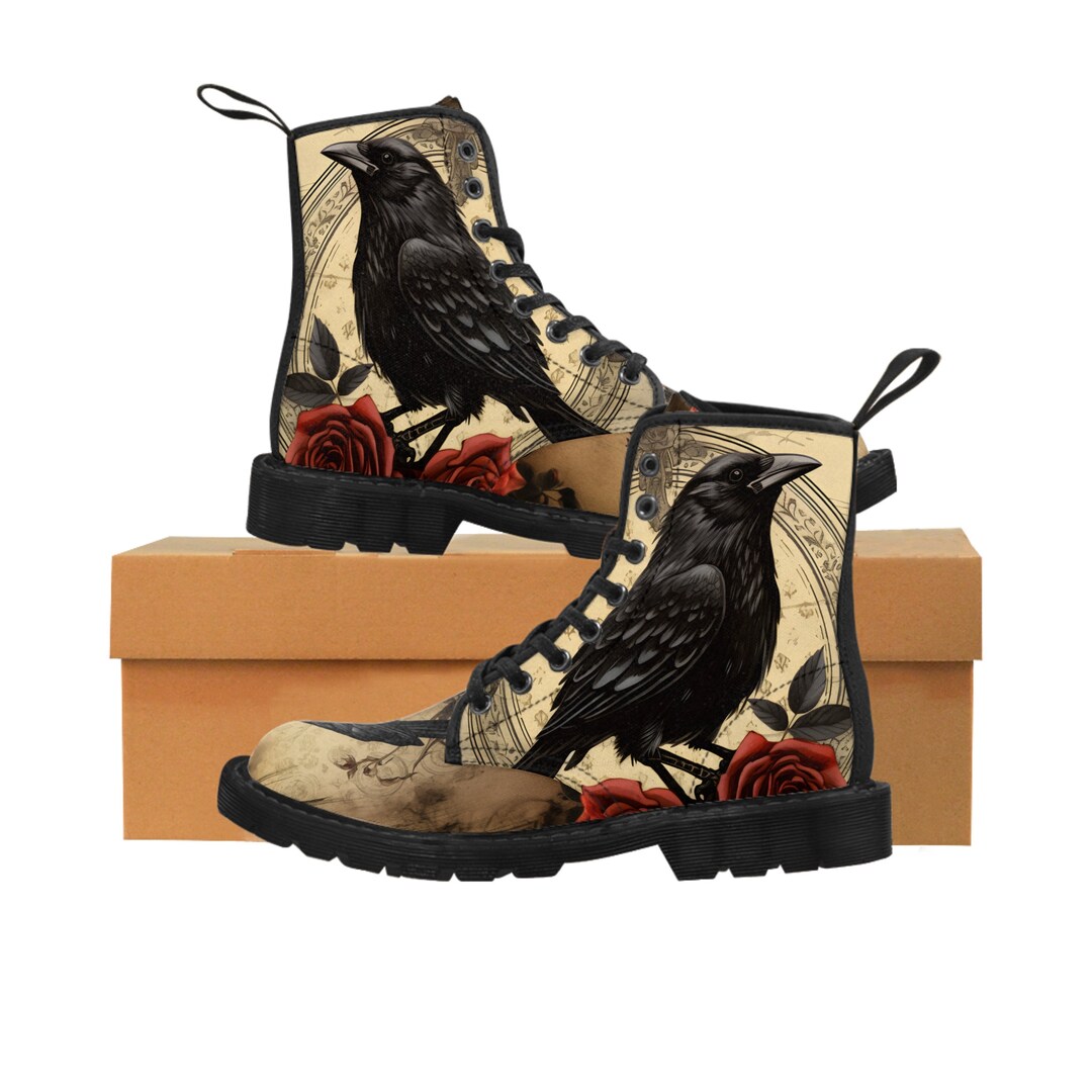 Dark Academia Crow Boots Whimsigoth Canvas Combat Boots for Women ...