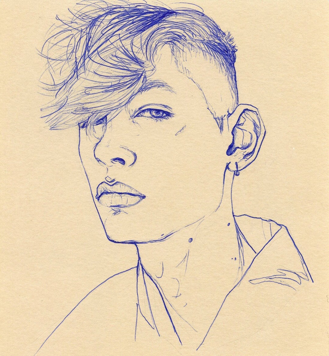 Original Handmade Male Portrait Illustration Blue Ink Drawing on ...