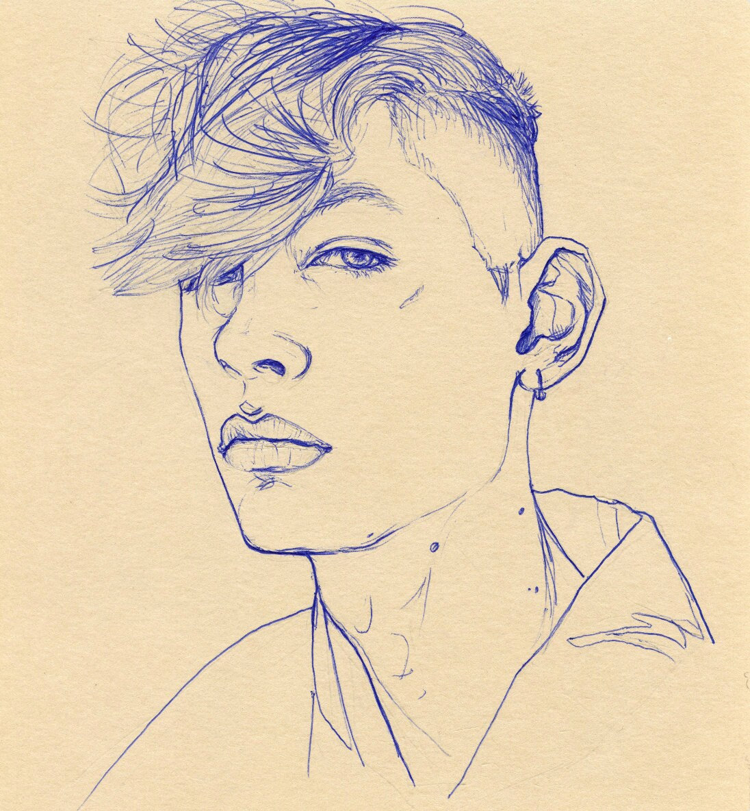 Original Handmade Male Portrait Illustration Blue Ink Drawing on ...