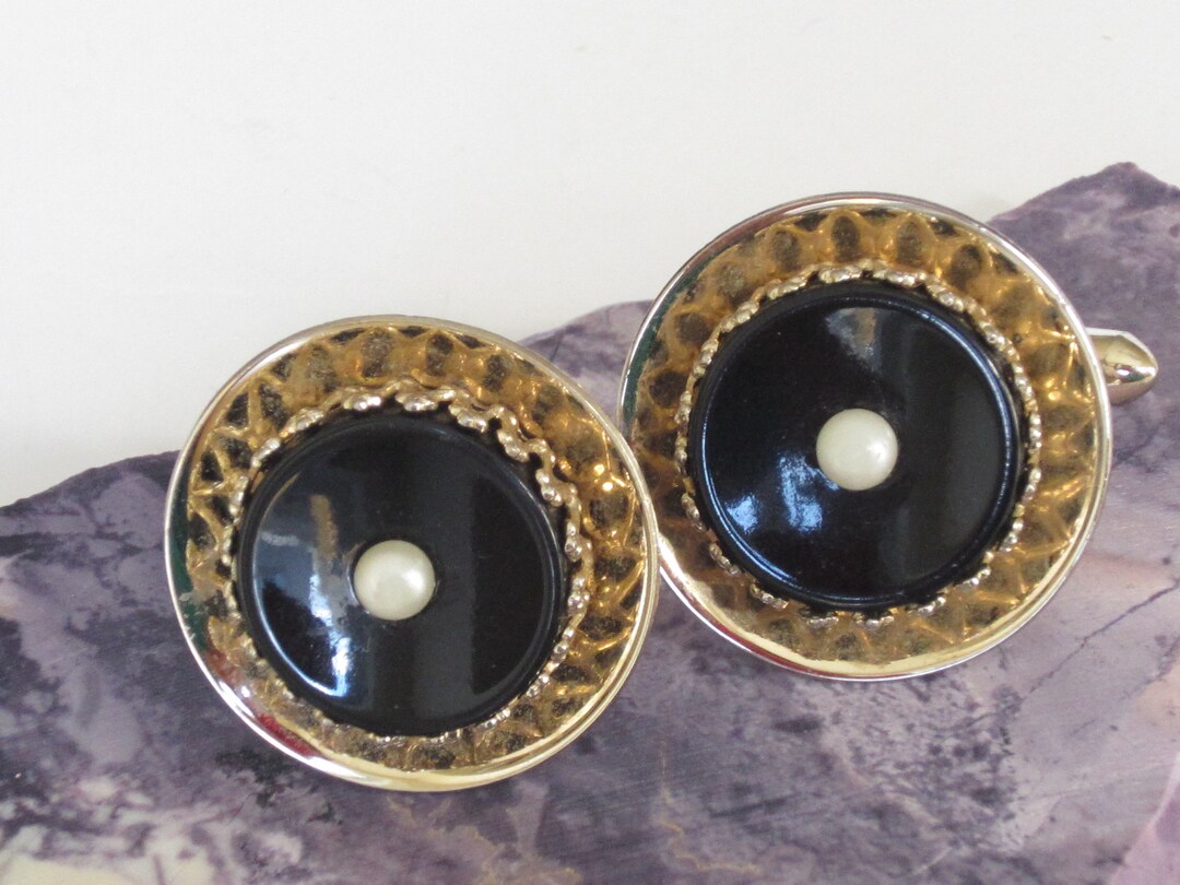 Swank Cuff Links in Gold Tone With Black Lucite and Pearl Accents ...