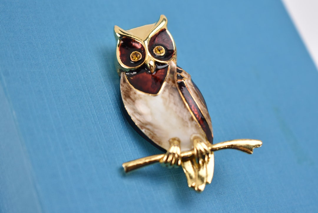 Owl Brooch or Pin in Gold Tone Enamel and Crystals Vintage Sphinx ...