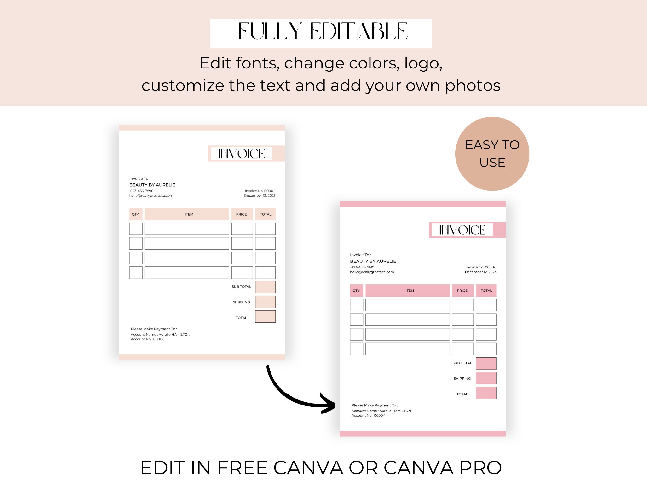 Invoice Template Editable Pink Invoice Pdf Invoice for - Etsy
