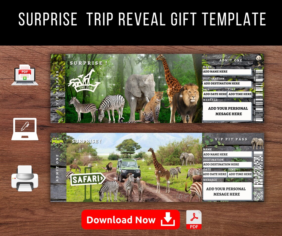 Editable SAFARI and ZOO Surprise Trip Gift Ticket. Zoo and - Etsy