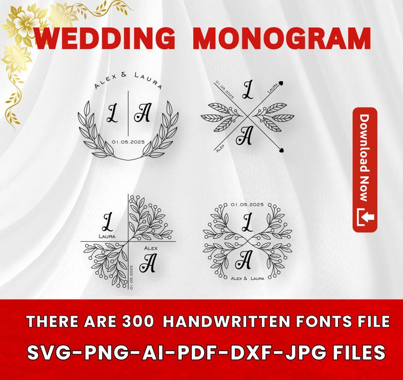 Wedding SVG Bundle: Bride and Groom Monogram, Save the Date (digital ...
