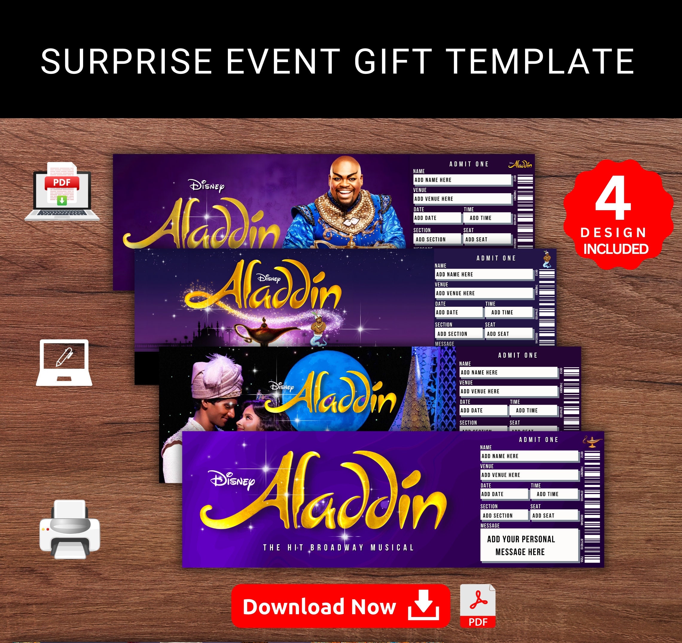 Editable Disney Aladdin Broadway Souvenir Ticket, Surprise Event Reveal ...