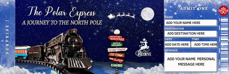 Editable Polar Express Ticket: North Pole Surprise Trip (printable PDF ...