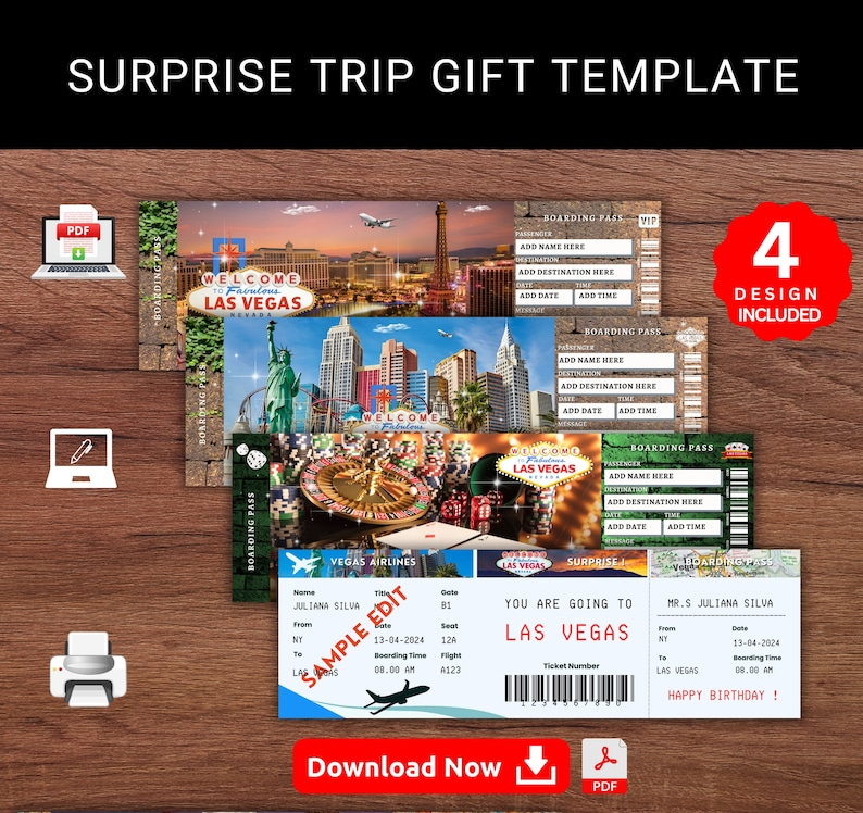 Editable LAS VEGAS Surprise Trip Gift Template. Vegas Reveal Keepsake ...