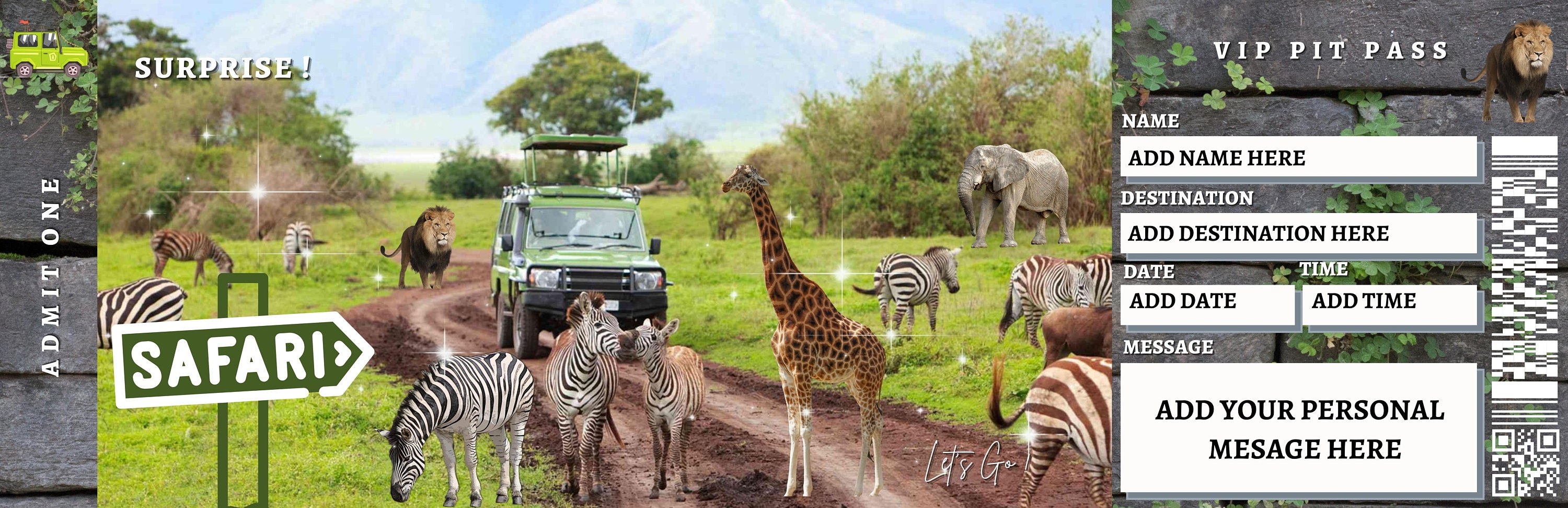 Editable SAFARI and ZOO Surprise Trip Gift Ticket. Zoo and Safari Trip ...