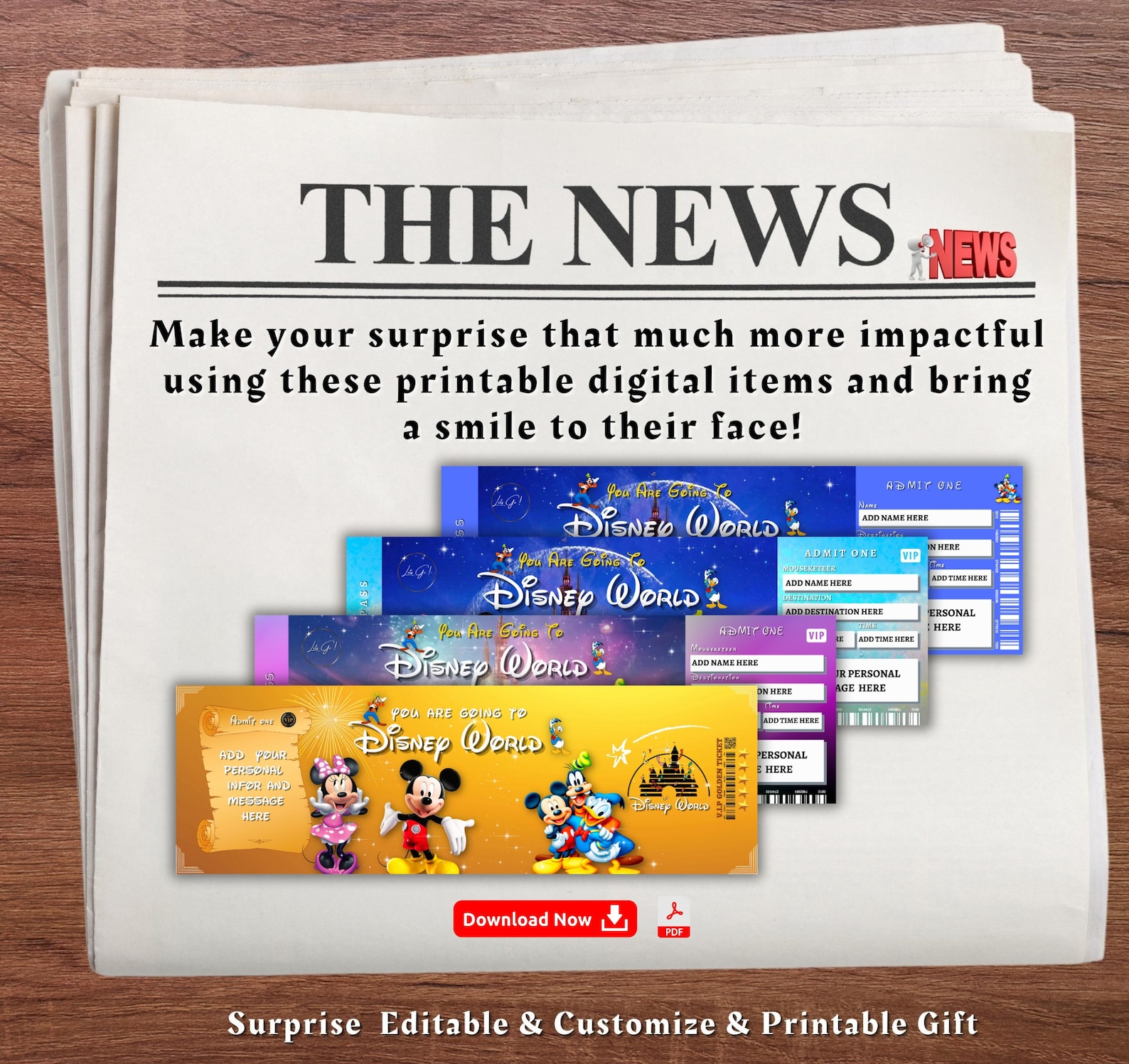 Editable Disney World THEME PARK Surprise Trip Gift Template. - Etsy