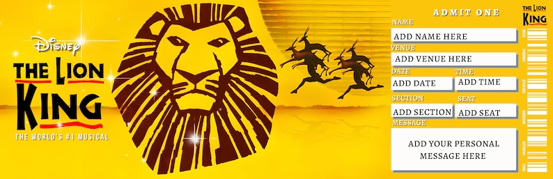 Editable Lion King Broadway Ticket - Surprise Event Gift (printable PDF ...