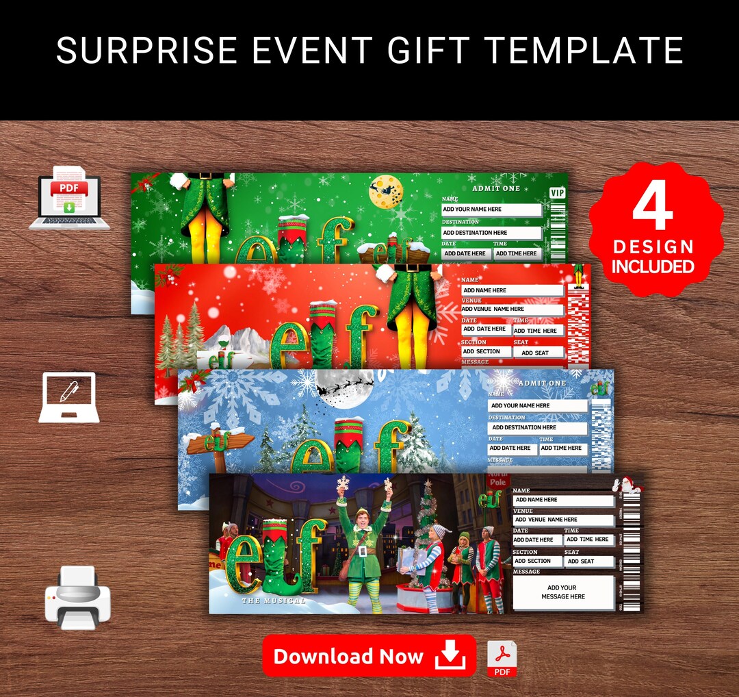 Editable Elf Broadway Show Ticket Template: Surprise Event Reveal (PDF ...