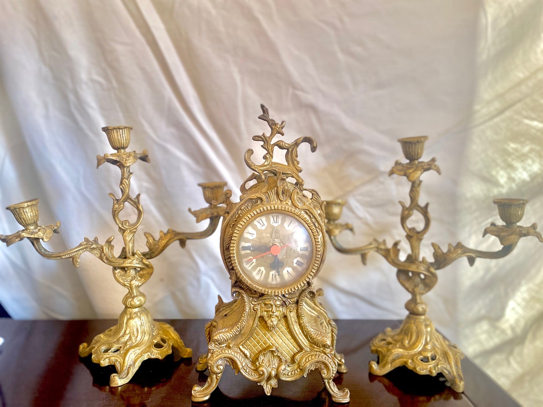 French Rococo Style Clock With Two Brass Candelholders - Etsy
